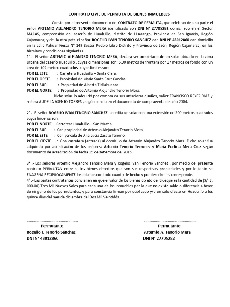 Contrato Civil De Permuta De Bienes Inmuebles Pdf