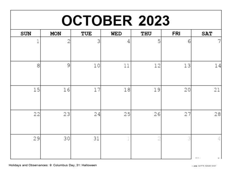 October Calendar 2023 Printable Blank | PDF