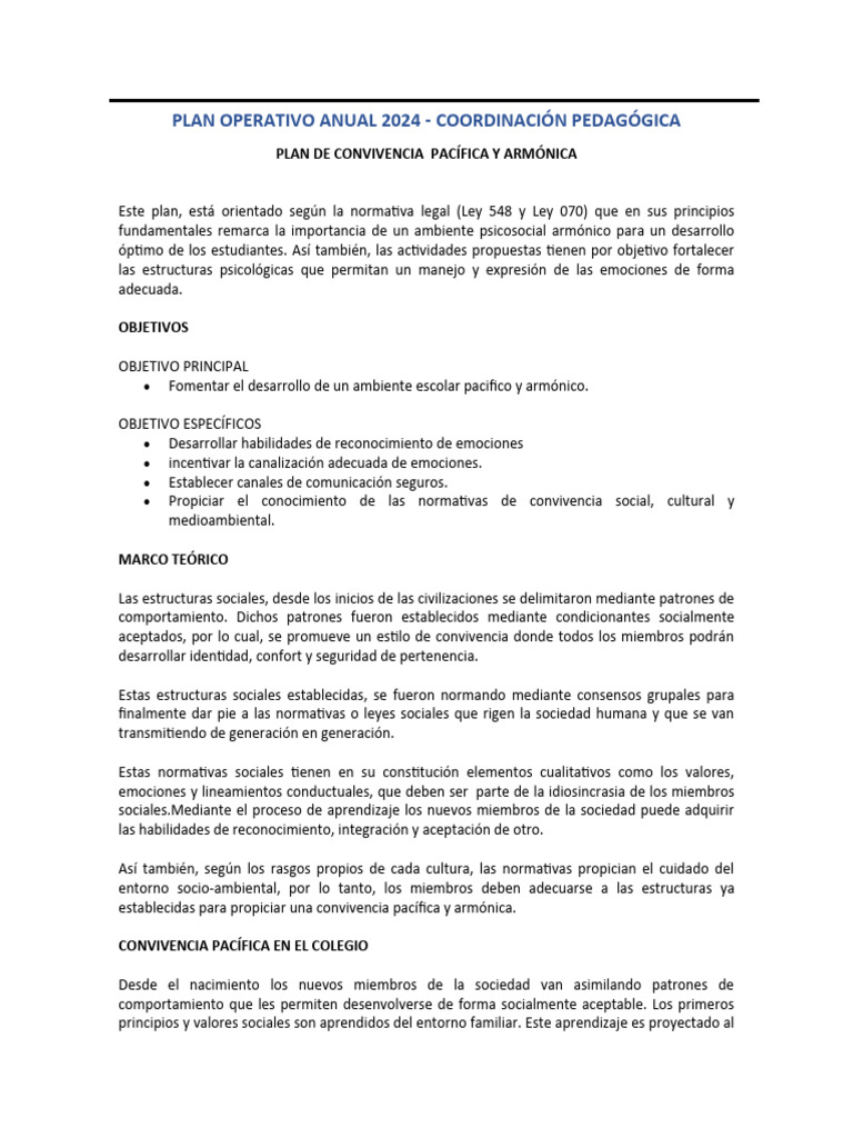 Plan Convivencia Pacifica Pdf Sicología Las Emociones