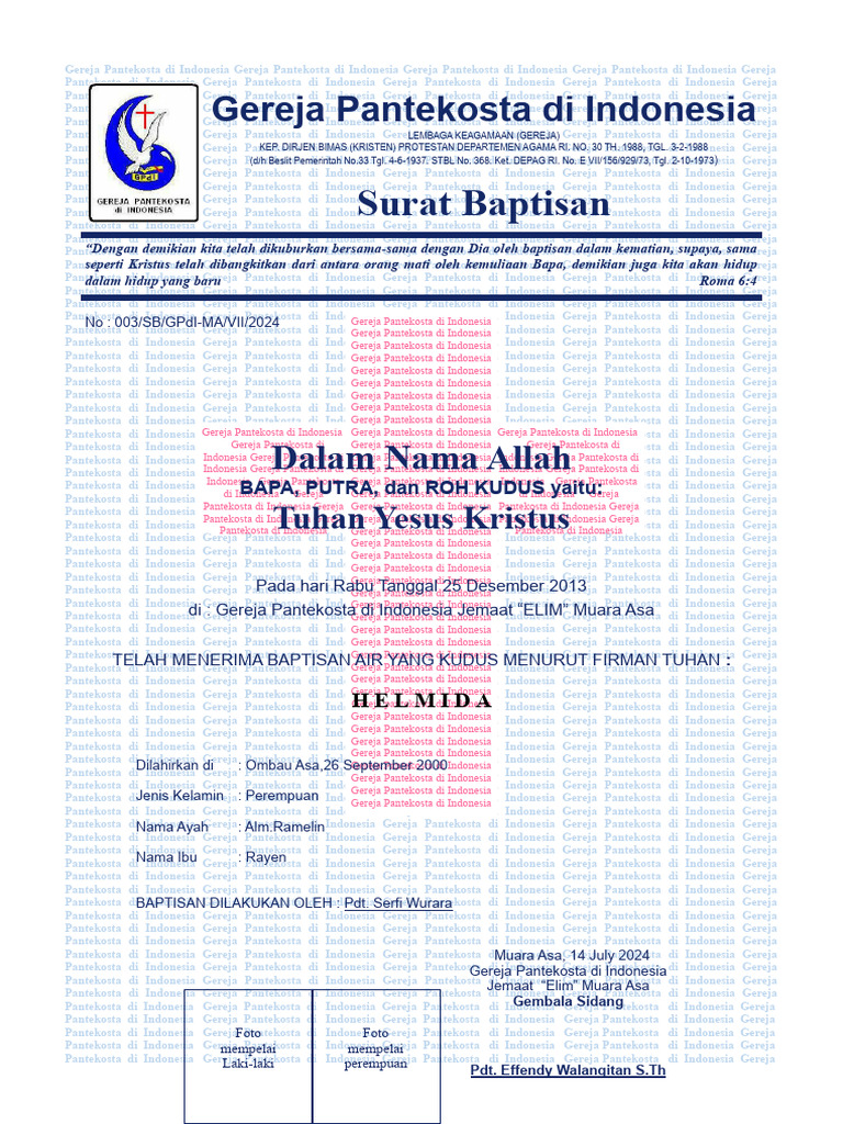 Contoh Surat Baptis GPDI | PDF