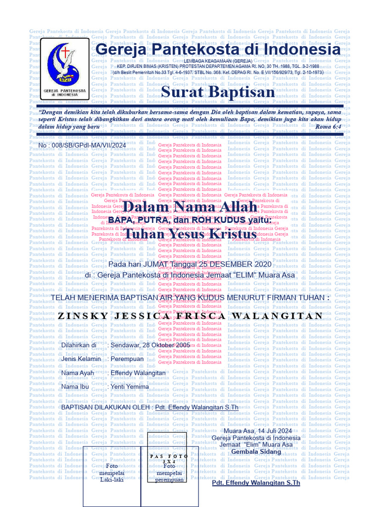 Surat Baptisan Jesika | PDF