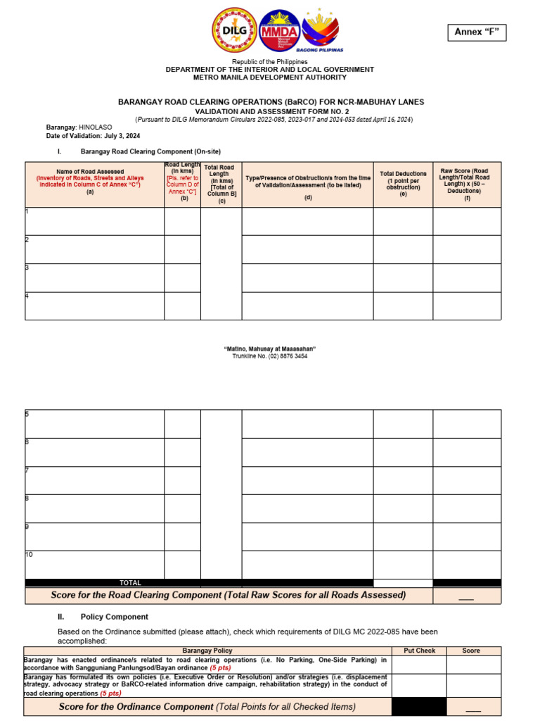 BaRCO Validation Form for Barangay Hinolaso | PDF | Government ...