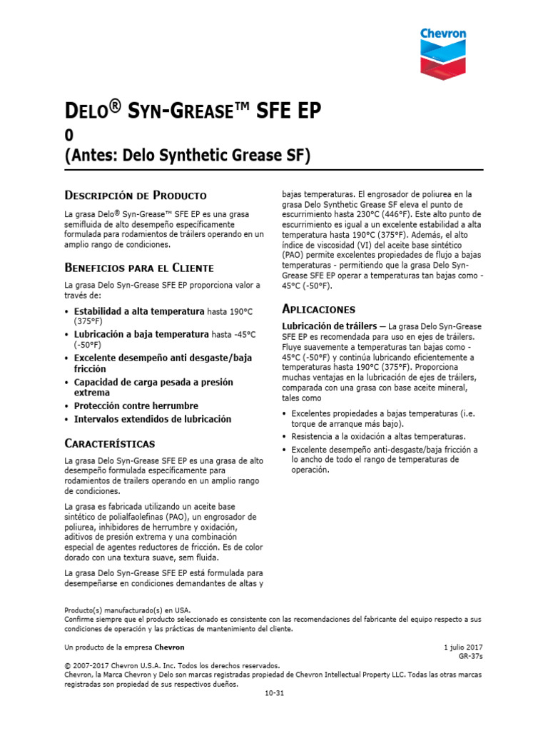 Delo® Syn-Grease™ Sfe Ep PDS | PDF | Lubricante | Ingeniería mecánica