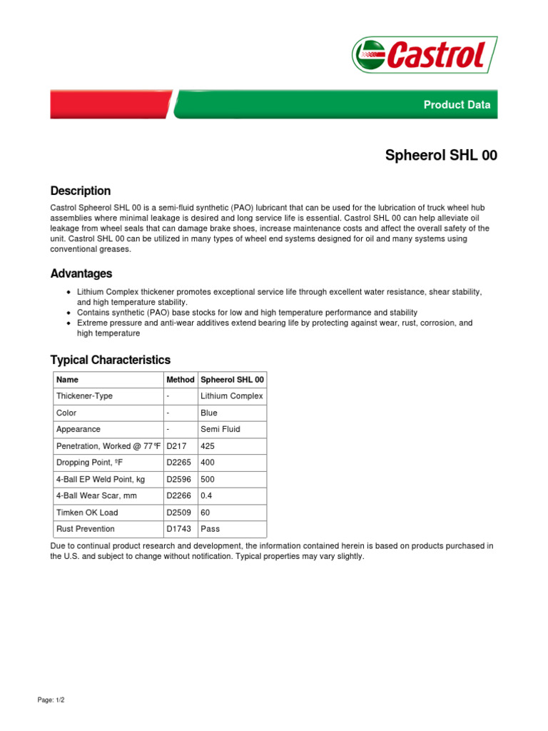 Spheerol SHL 00 DATASHEET | PDF | Lubricant