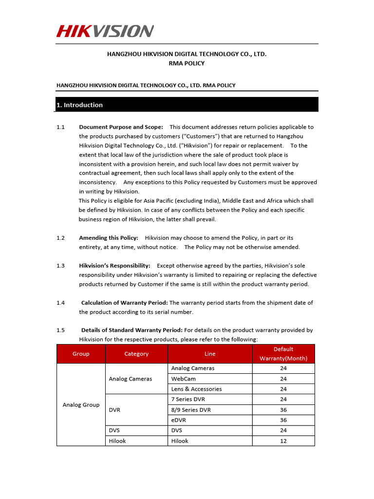 Hikvision RMA Policy V7.0 | PDF | Wireless | Digital Video Recorder