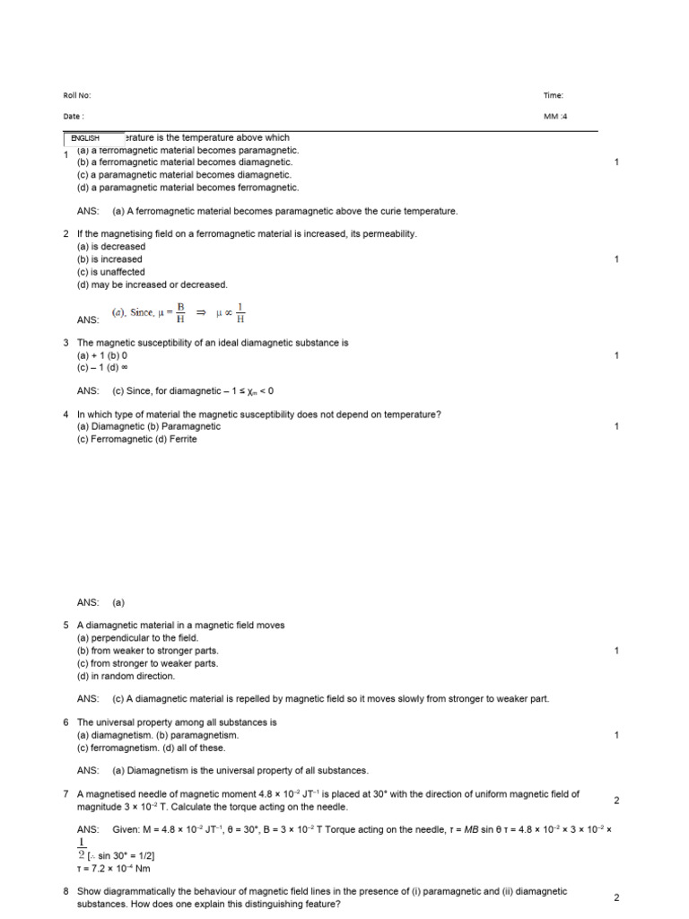 12TH CH 4 and 5 Test. Sol | PDF | Ferromagnetism | Electromagnetism