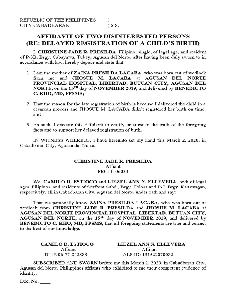 Affidavit of Delayed Registration of Birth (Mancao) - CABADBARAN | PDF ...
