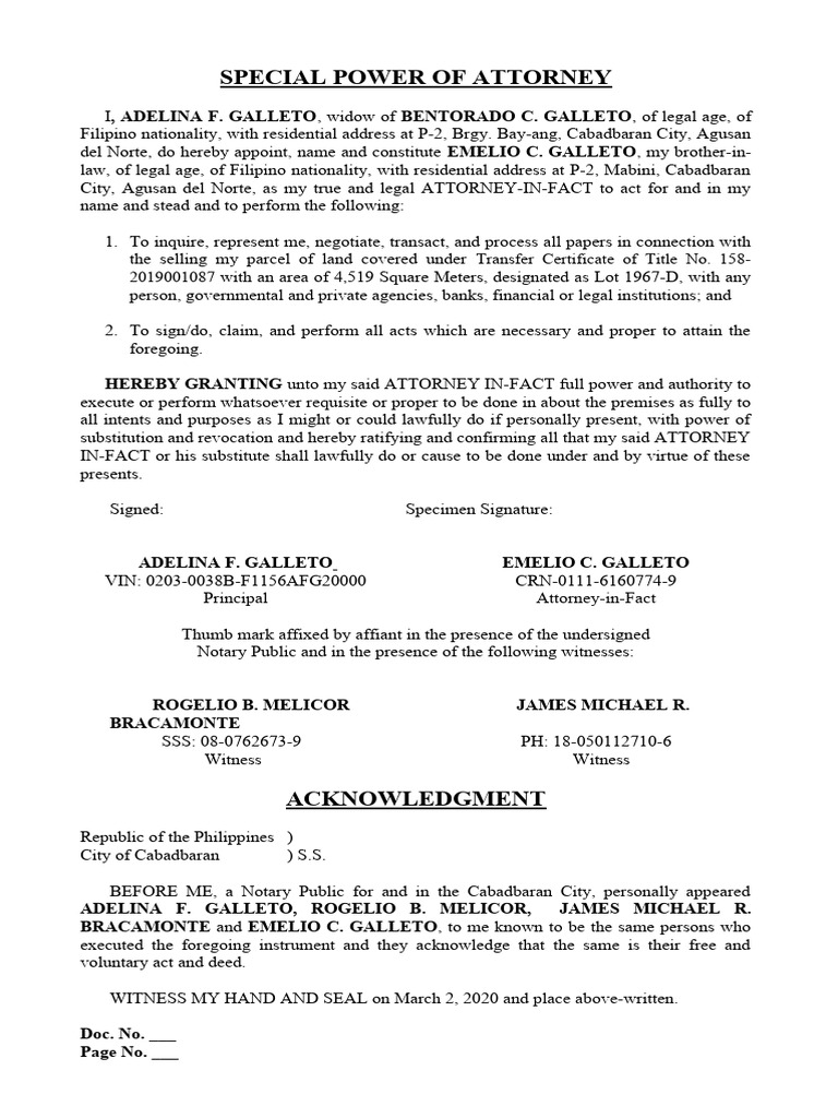 Special Power of Attorney for Land Sale | PDF | Power Of Attorney | Justice