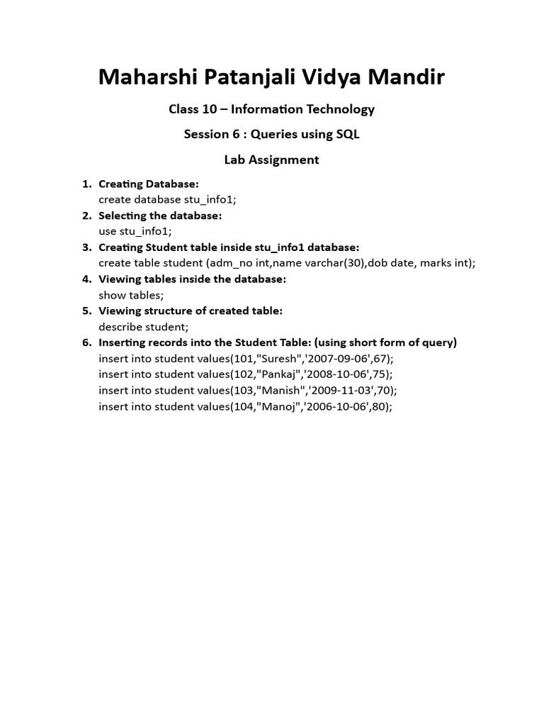 Class 10 Sql Lab Manual Pdf Table Database Data Management