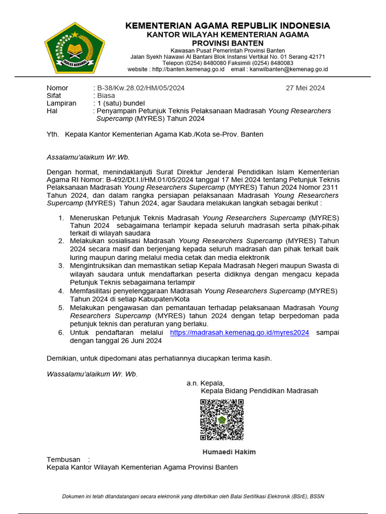 Surat Pelaksanaan MYRES 2024 Tte | PDF