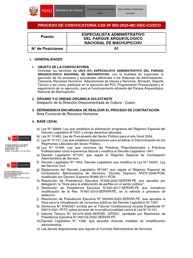 Proceso de Convocatoria Cas #003-2024-Mc-Ddc-Cusco | PDF | Titulo academico