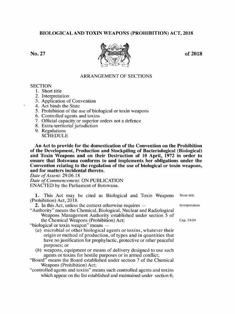 Biological and Toxin Weapons (Prohibition) Act | PDF