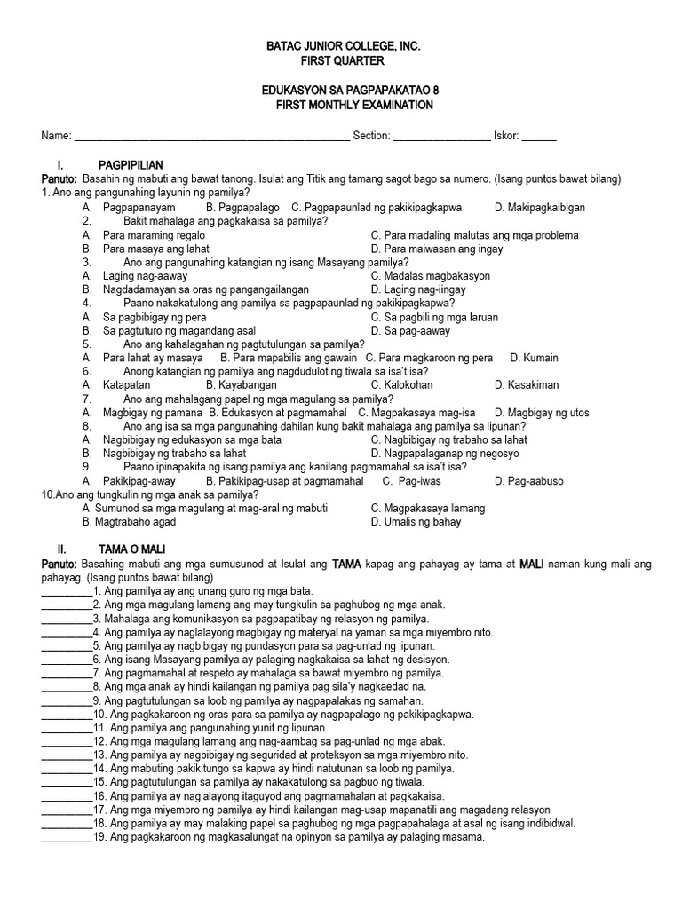 Q1 - Monthly - Exam Esp 8 | PDF