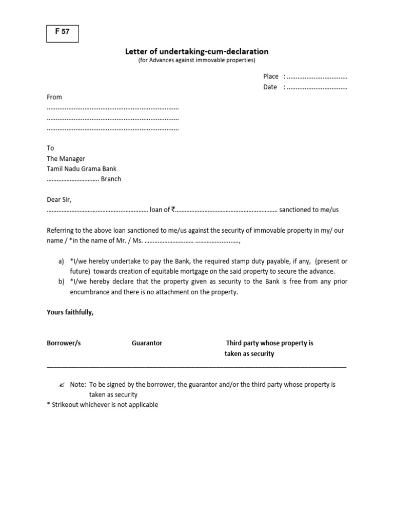 F57. Letter of Undertaking Cum Declaration For Loan Against Immovable ...