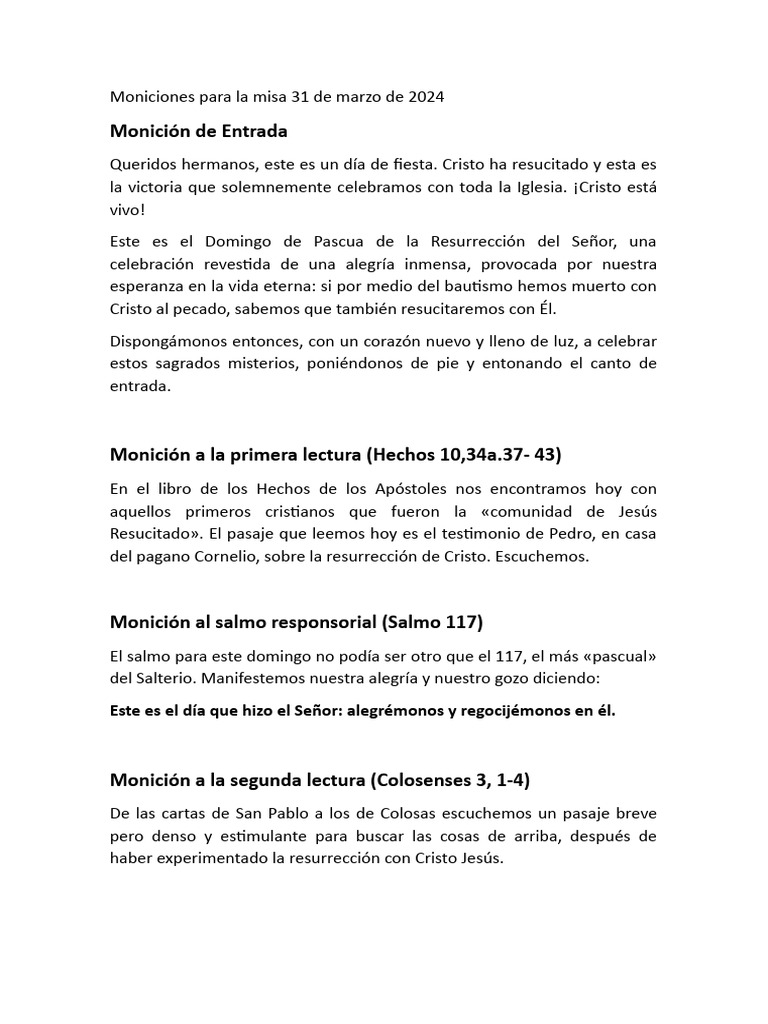 Moniciones para La Misa 31 de Marzo de 2024 | PDF | Pascua de ...
