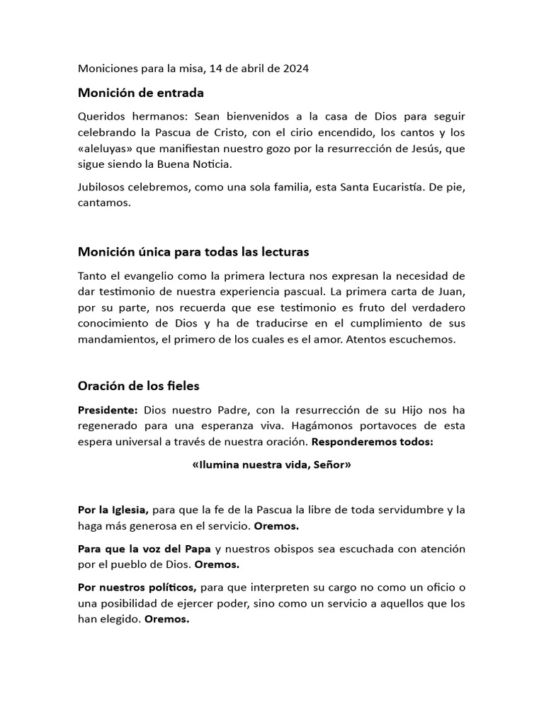Moniciones para La Misa 14-04-2024 | PDF