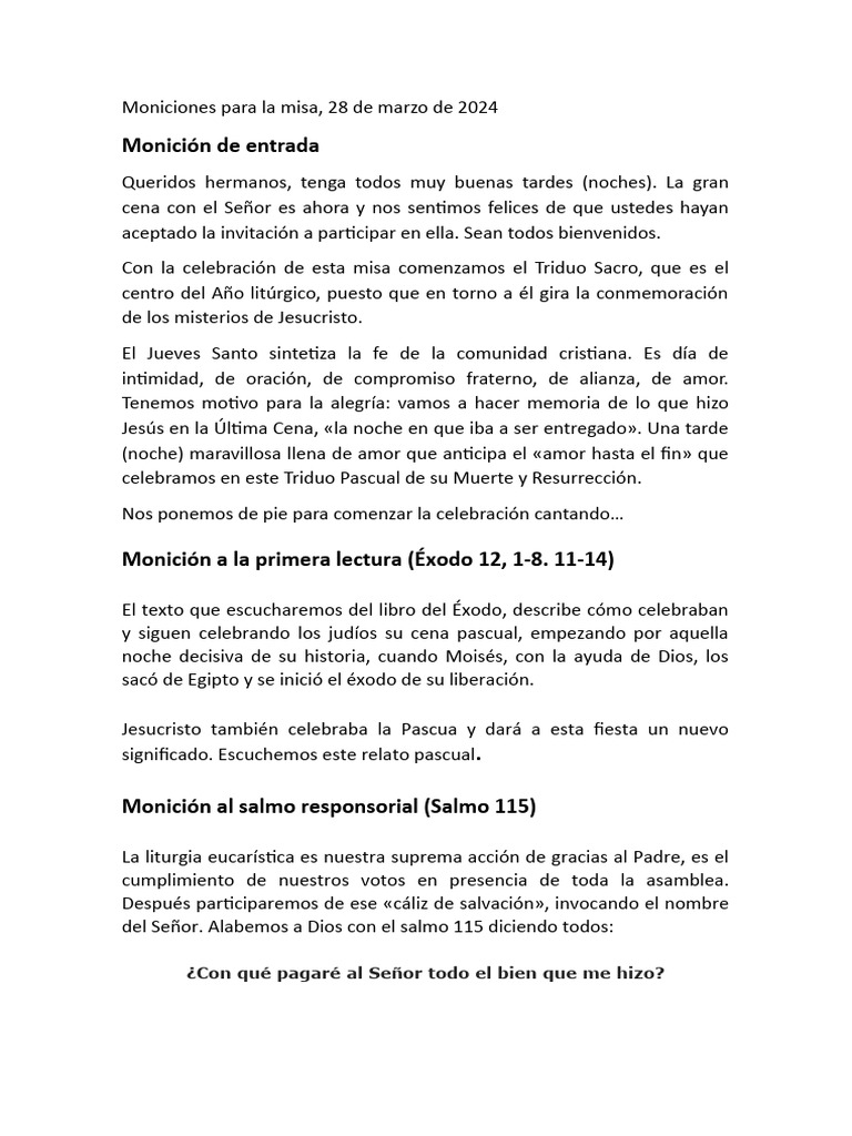 Moniciones para La Misa 28 de Marzo de 2024 | PDF | eucaristía | Pascua ...