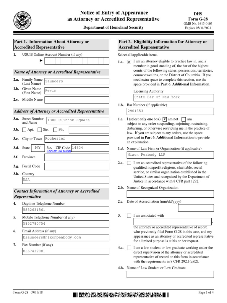 Sadia Amini - Form G-28 (unsigned) | PDF | United States Citizenship ...
