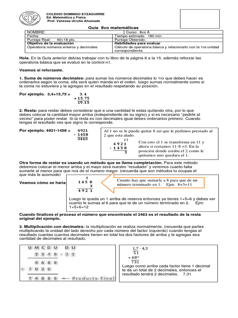 Guia N° 3 MATEMATICA 8° Básico | PDF | División (Matemáticas) | Sustracción