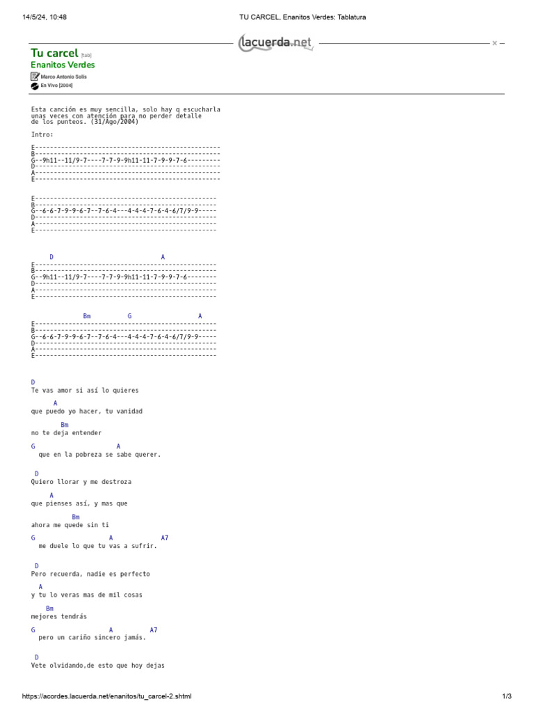 TU CARCEL, Enanitos Verdes - Tablatura | PDF