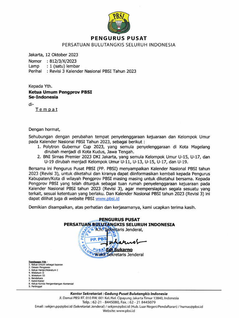 Revisi Kalender Nasional PBSI 2023 | PDF