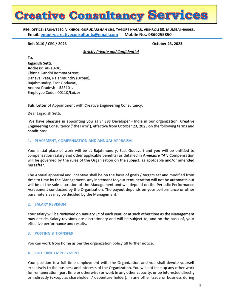 CEC Appointment Letter Jagadish Shetti | PDF | Employment | Confidentiality