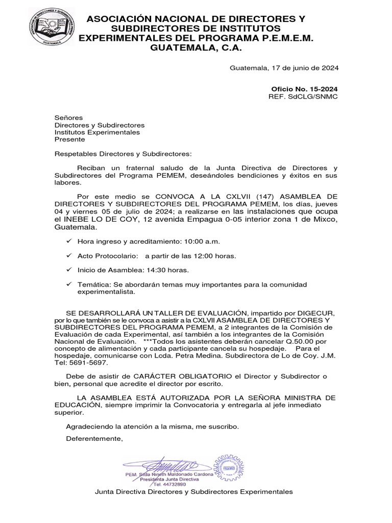 Convocatoria a Asamblea PEMEM 2024 | PDF