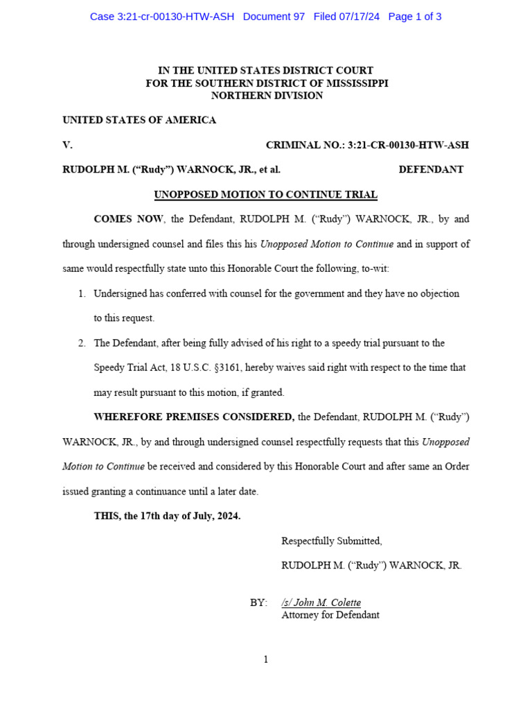 Unopposed Motion to Continue Trial | PDF | Continuance | Courts