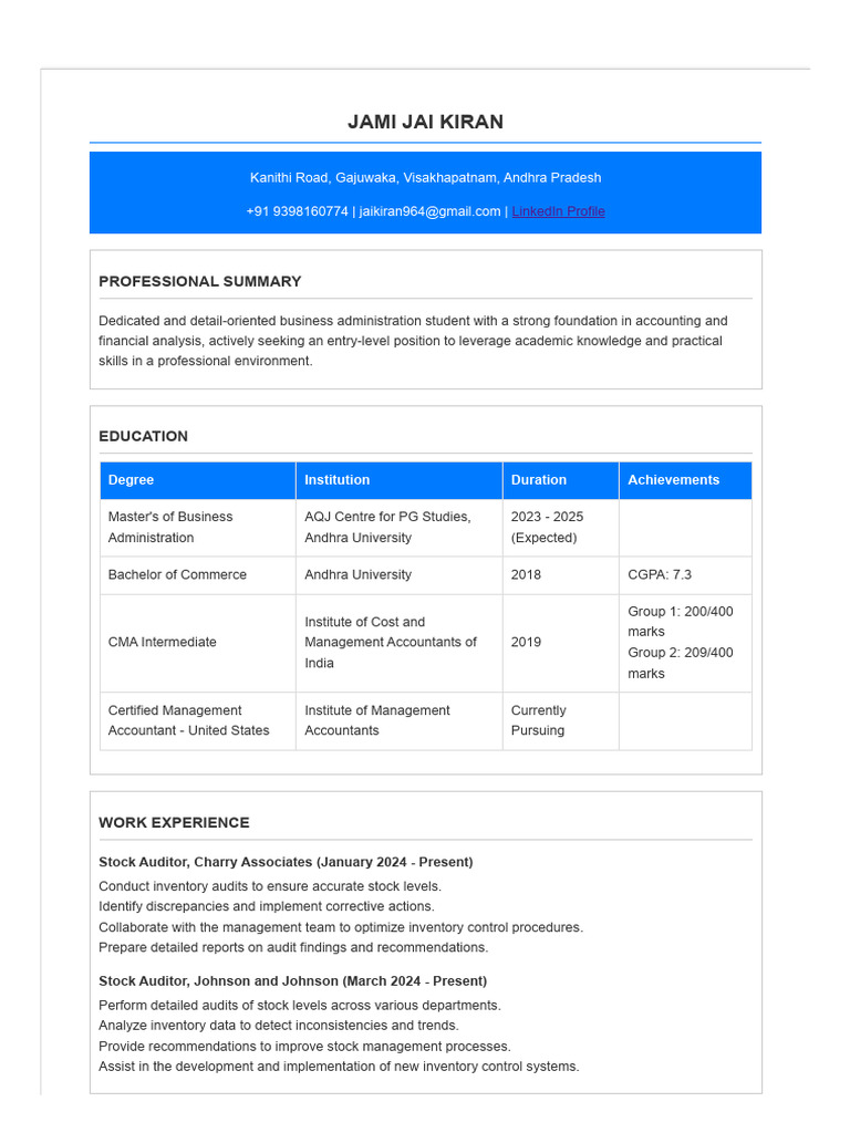 Resume - Jami Jai Kiran-1 | PDF | Management Accounting | Audit
