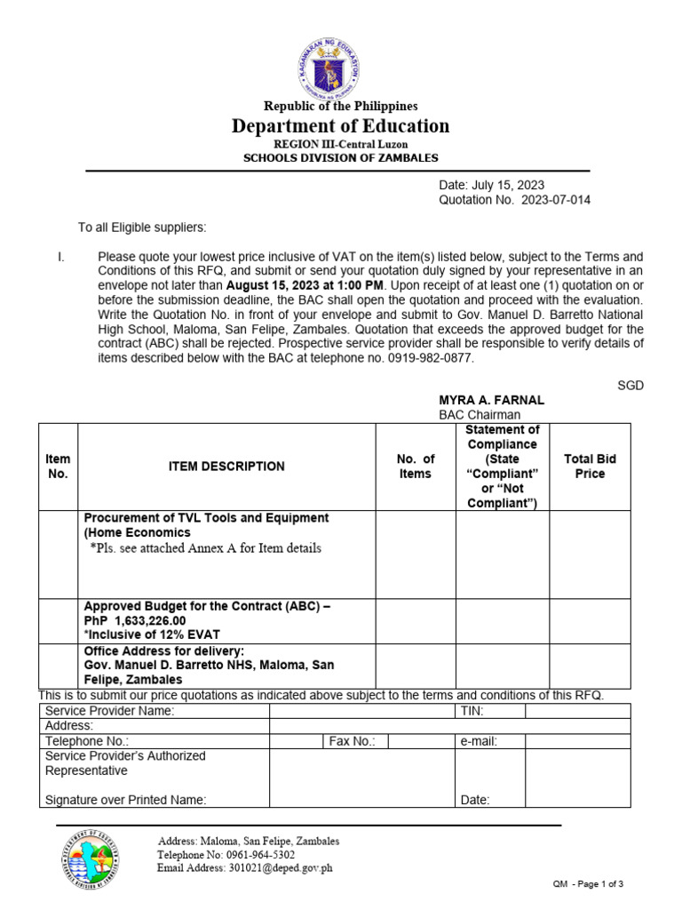 RFQ for TVL Tools and Equipment | PDF | Business