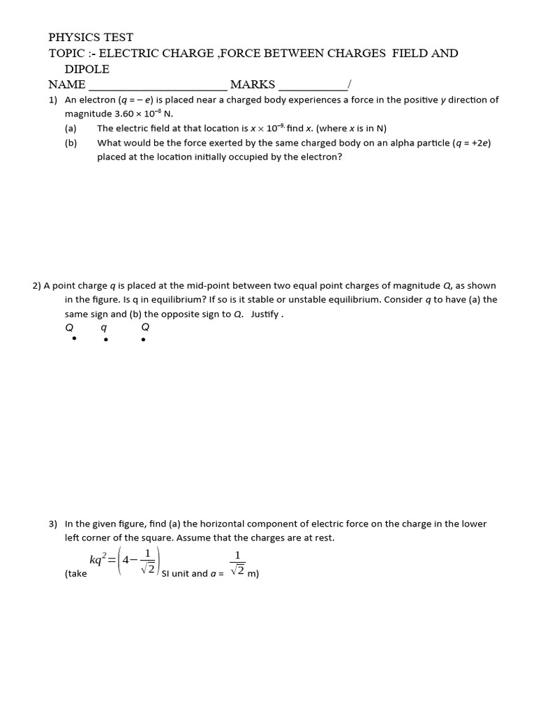Electric Field Test May 3 2024 | PDF | Force | Electric Field