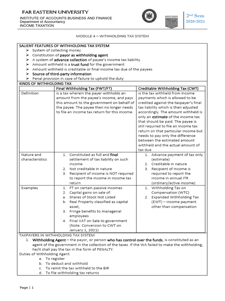 Module 4 - Withholding Tax System | PDF | Payments | Taxes