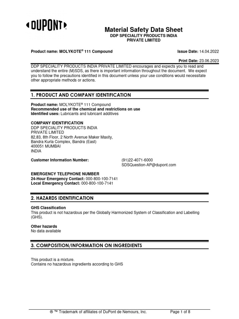 Molykote 111 Compound Safety Data Sheet | PDF | Toxicity | Hygiene