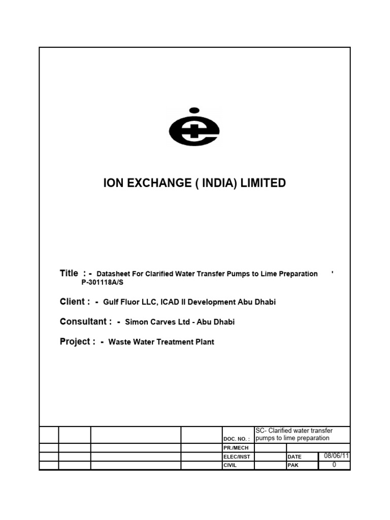 Clarified Water Transfer Pumps To Lime Preparation P-301118AS | PDF ...