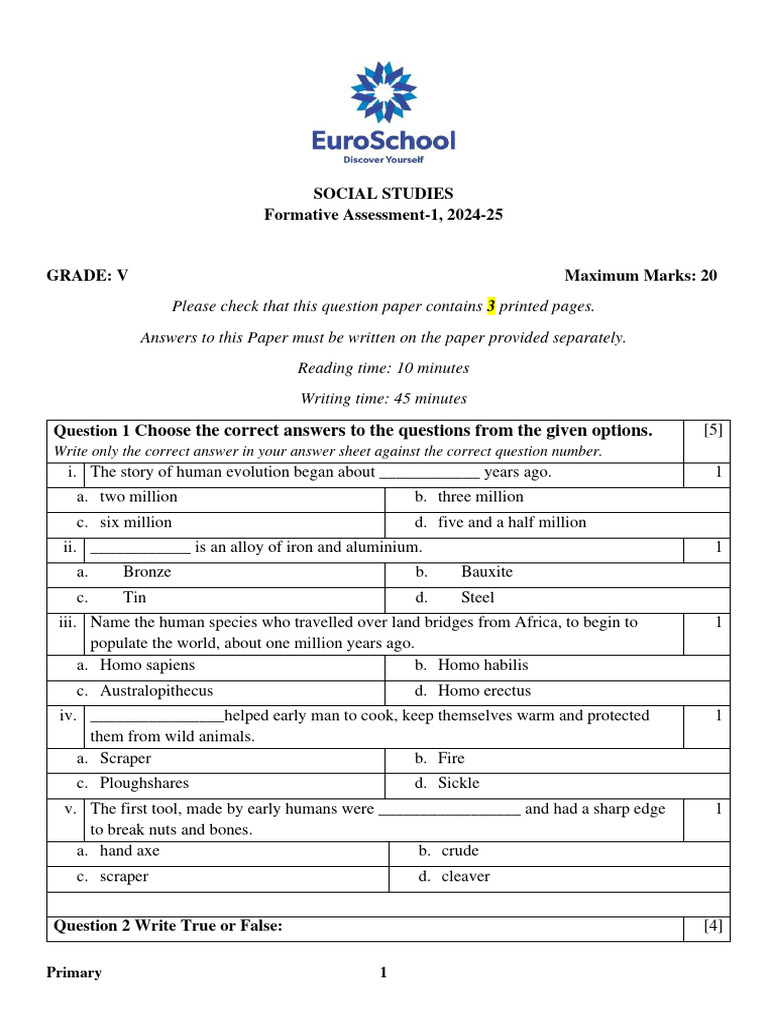 SST Gr5 FA1 AY24-25 PP2-QP | PDF | Homo | Stone Age