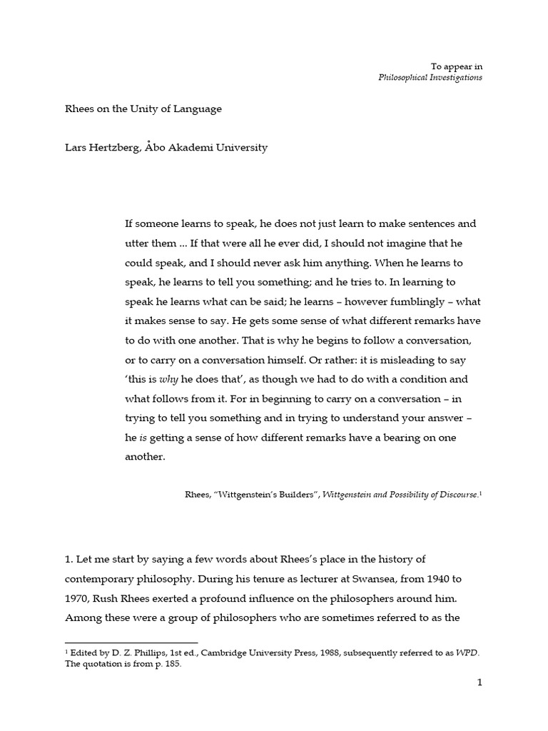Rhees On The Unity of Language Herzberg | PDF | Ludwig Wittgenstein | Idea