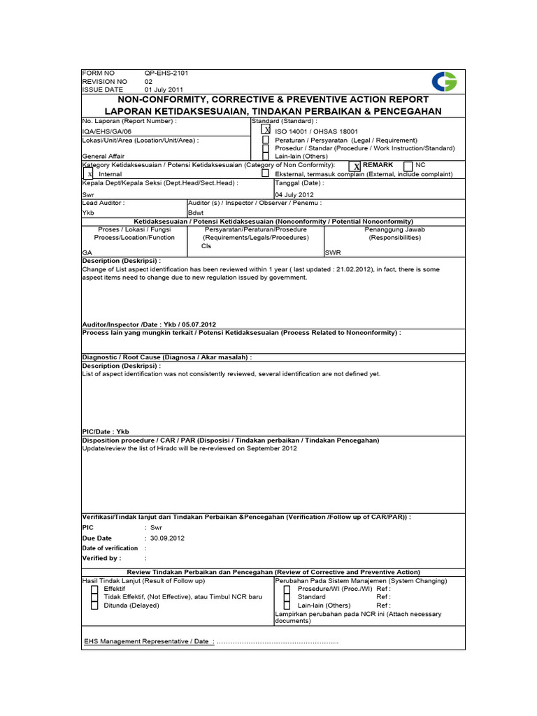 Nonconformity Action Report ISO 14001 | PDF | Regulation | Production ...