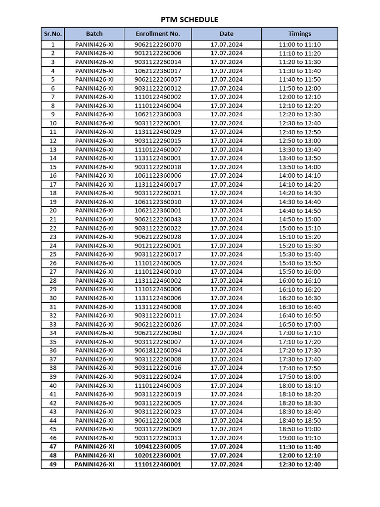PTM Schedule for PANINI426-XI | PDF