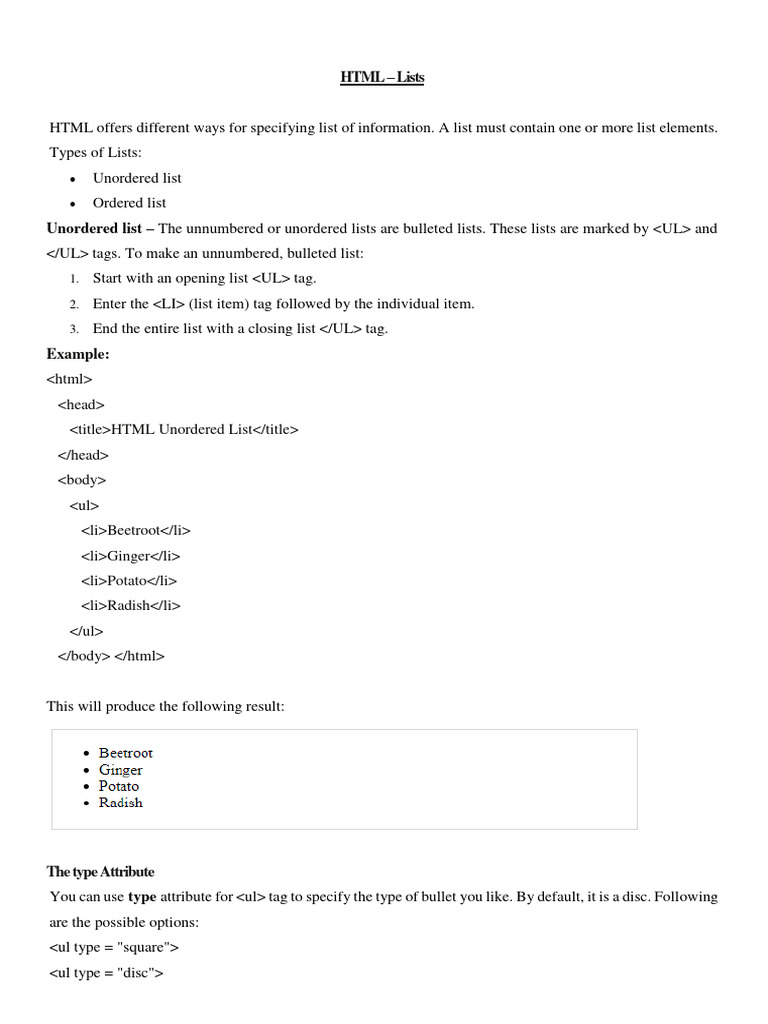 HTML Lists | PDF | Html Element | Html