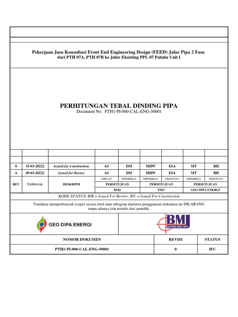 PTH1-PI-000-CAL-ENG-50001 Perhitungan Tebal Dinding Pipa | PDF