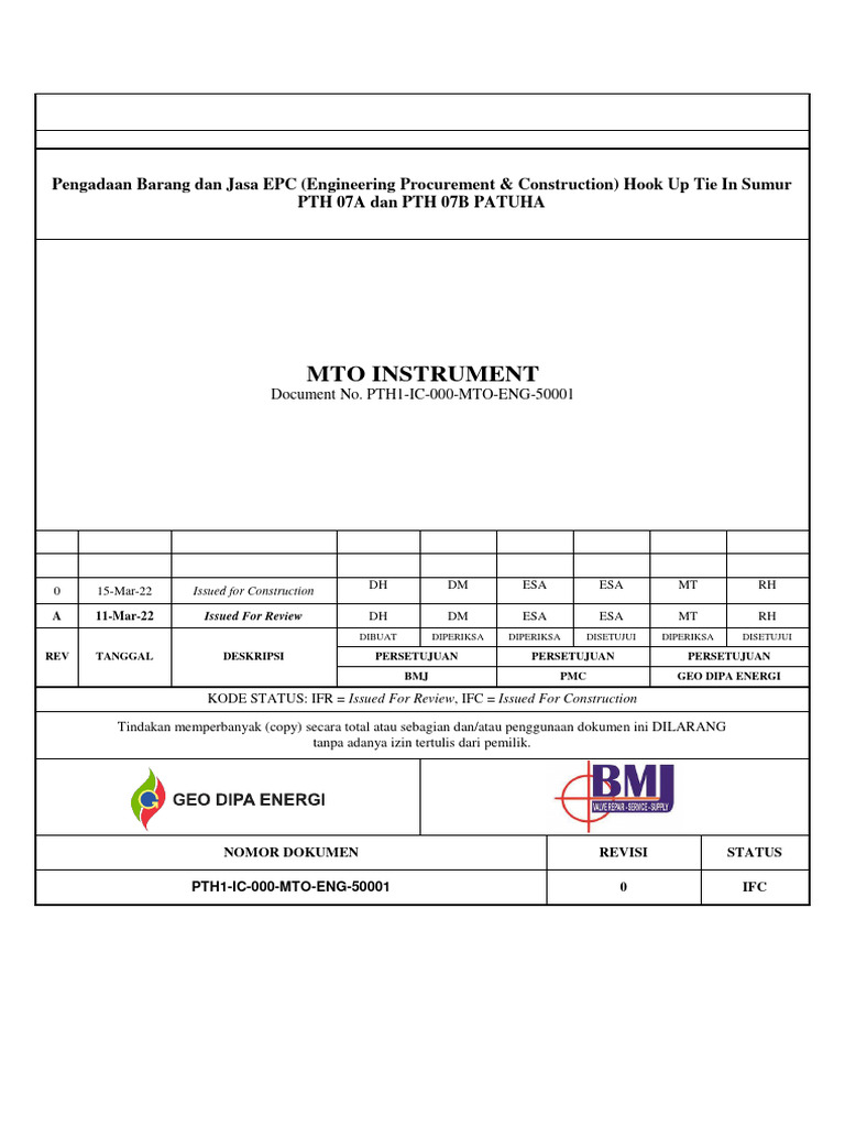 PTH1-IC-000-MTO-ENG-50001-MTO Instrument | PDF