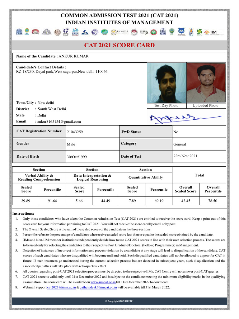Cat 2021 Ankur Score Card | PDF | Qualifications | Tests