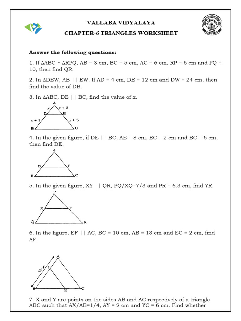 Class 10 Triangles Worksheet Solutions | PDF | Triangle Geometry ...