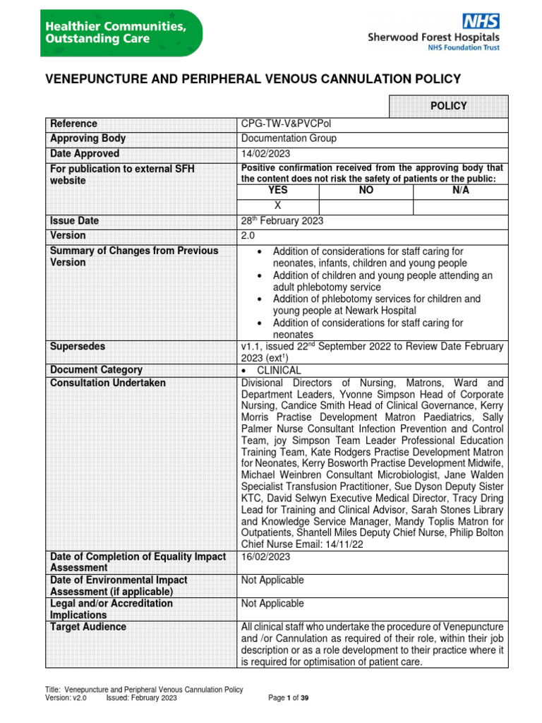 Venepuncture and Peripheral Venous Cannulation Policy | PDF | Nursing ...
