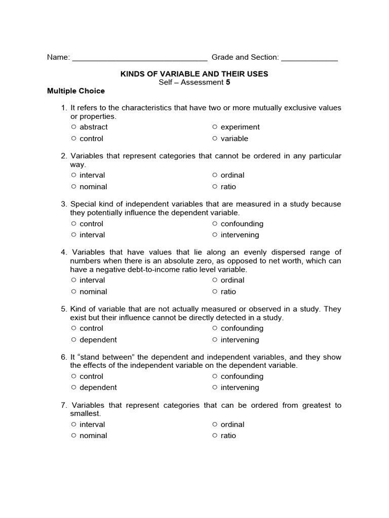 1stG-SELF ASSESSMENT5 | PDF | Confounding | Dependent And Independent Variables