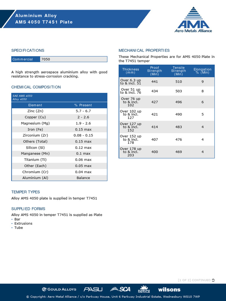 Aero Metal Alliance Aluminium Alloy AMS 4050 T7451 Plate 223 | PDF ...