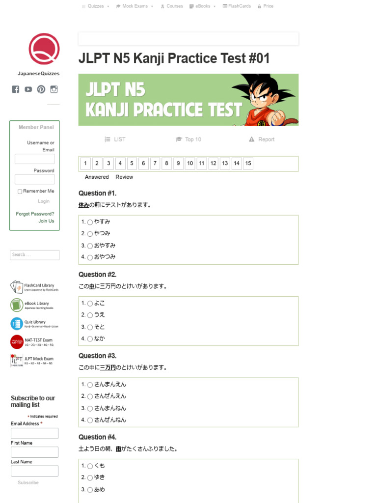 JLPT N5 Kanji Practice Test #01 - Japanese Quizzes | PDF