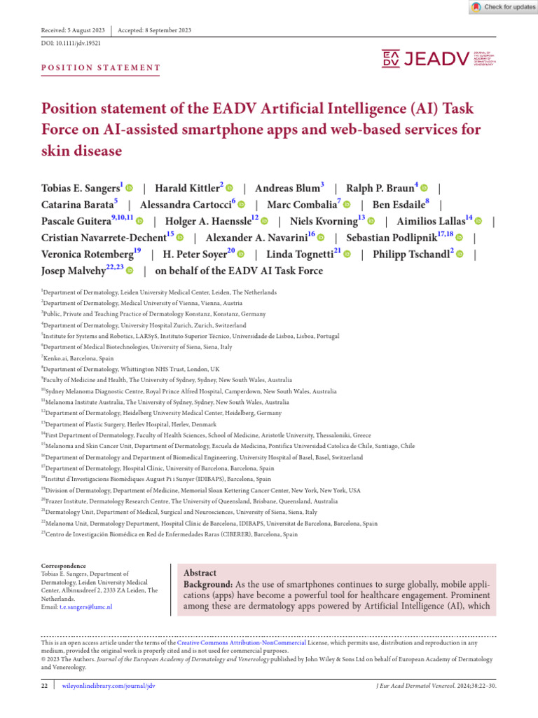 Acad Dermatol Venereol - 2023 - Sangers - Position statement of the EADV Artificial Intelligence ...
