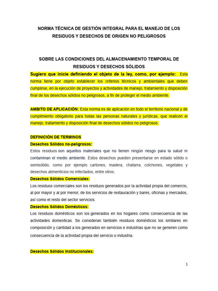 Norma Técnica de la Gestión Integral para el Manejo de Residuos y Desechos Sólidos No Peligrosos ...
