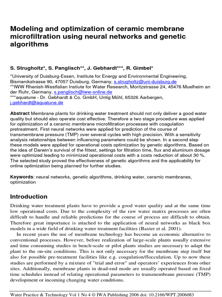 Modeling and Optimization of Ceramic Membrane Microfiltration Using Neural Networks and Genetic ...